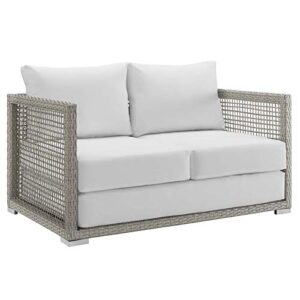 Modway Aura Outdoor Patio Wicker RattanSofa, Loveseat, Armchair and Coffee Table in Gray White