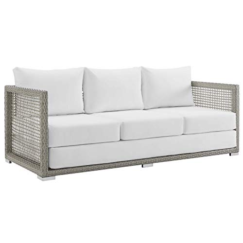 Modway Aura Outdoor Patio Wicker RattanSofa, Loveseat, Armchair and Coffee Table in Gray White