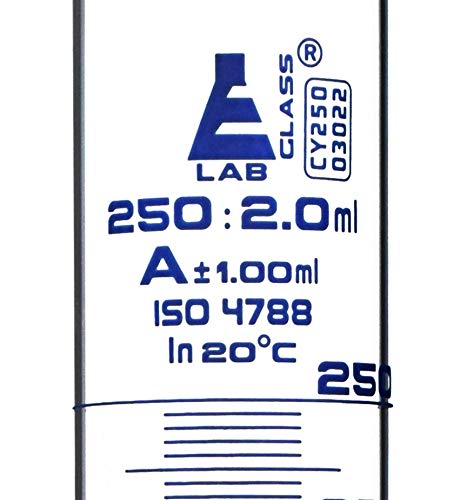 EISCO Graduated Cylinder, 250ml - Class A Tolerance ±1.00ml - Round Base - Blue Graduations - Borosilicate 3.3 Glass