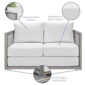 Modway Aura Outdoor Patio Wicker RattanSofa, Loveseat, Armchair and Coffee Table in Gray White