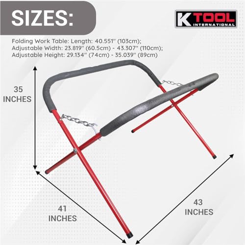 K Tool International 79750 Automotive Fender Stand for Garages, Repair Shops, and DIY, 41" x 43" x 35", 500 lbs. Capacity, Adjustable, Padded, Powder-Coated Tubular Steel, Rubber Feet, Red/Black