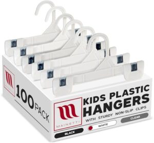 mainetti 1004 white kids plastic hangers - 100 pack with sturdy plastic, great for pants/skirts/slacks/bottoms, 8-inch