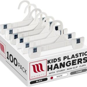 Mainetti 1004 White Kids Plastic Hangers - 100 Pack with Sturdy Plastic, Great for Pants/Skirts/Slacks/Bottoms, 8-Inch