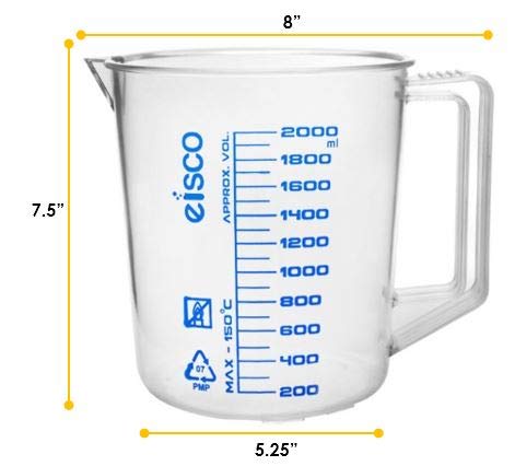 EISCO Measuring Jug, 2000ml - Polypropylene - Screen Printed Graduations, Spout & Handle for Easy Pouring - Excellent Optical Clarity