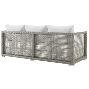 Modway Aura Outdoor Patio Wicker RattanSofa, Loveseat, Armchair and Coffee Table in Gray White