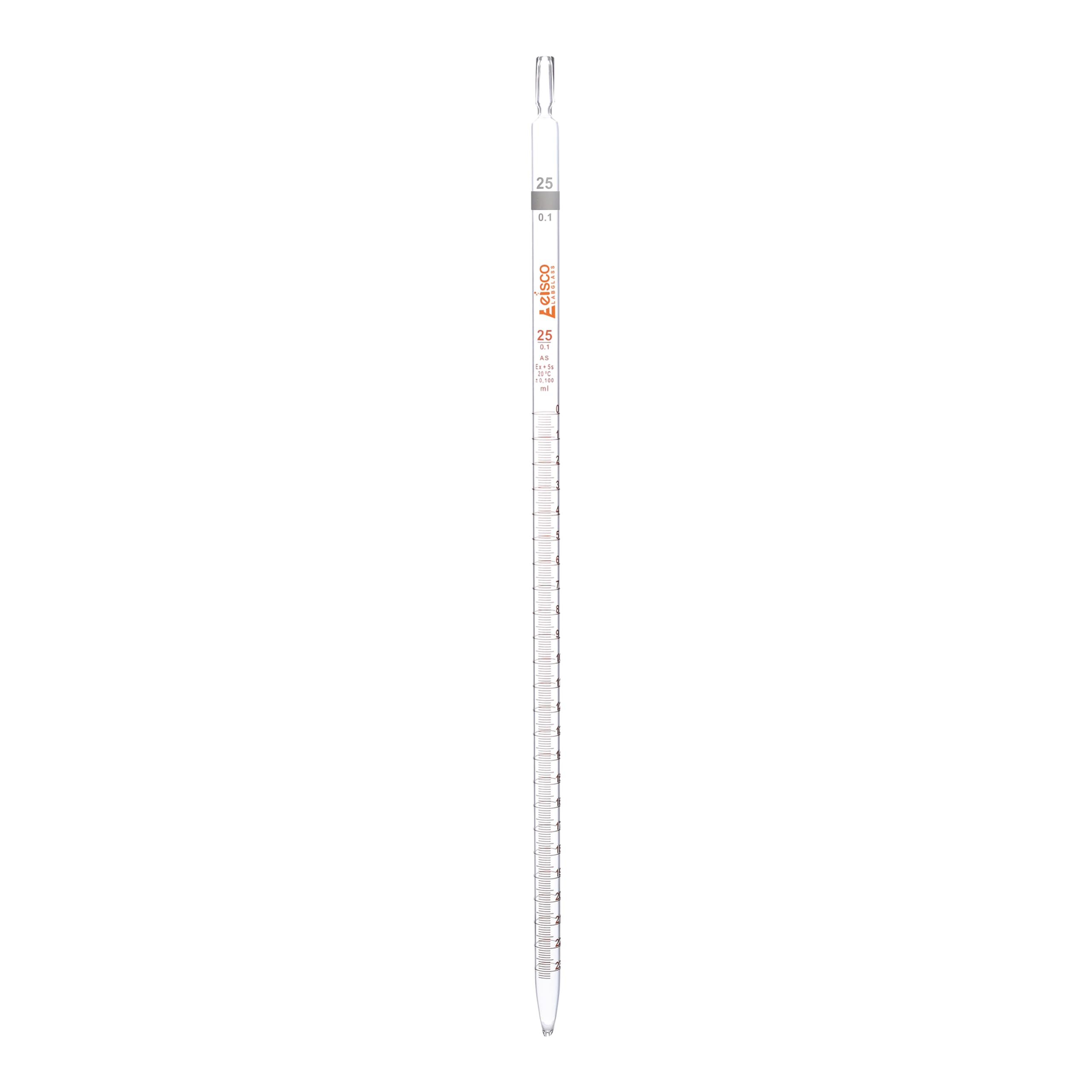 EISCO Pipette, 25ml - Class AS, Tolerance ±0.100ml - Amber Graduation - Color Code, White - Borosilicate Glass