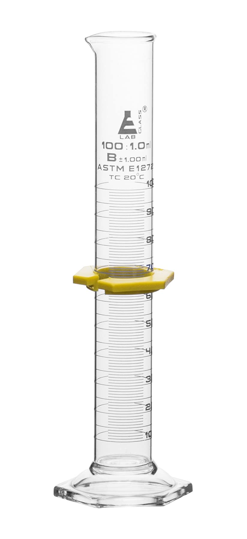 EISCO 100mL Glass Graduated Cylinder - Borosilicate - ASTM Class B - Hexagonal Base - White Single Scale