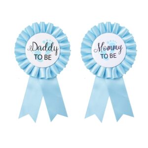 daddy to be & mom to be tinplate badge pin - baby shower button new dad gifts gender reveals party baby boy blue rosette button baby celebration (sky blue)