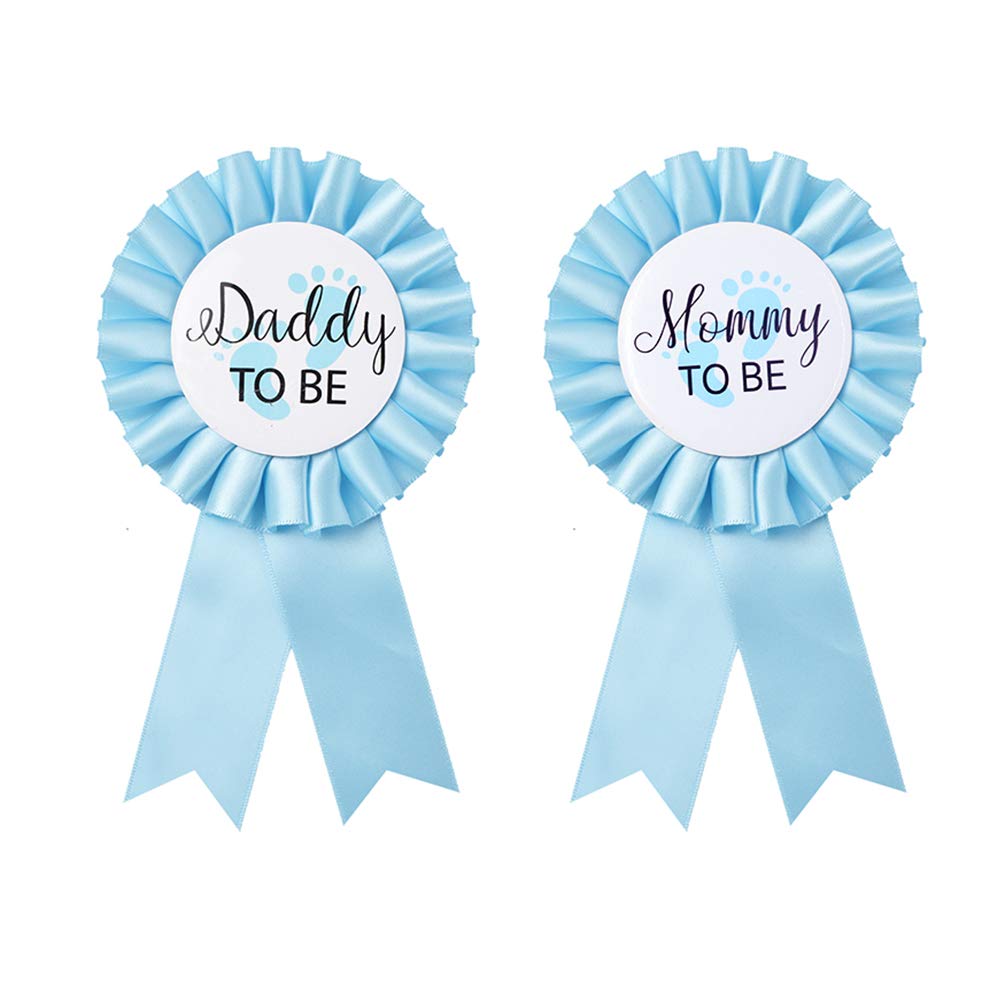 Daddy to be & Mom to be Tinplate Badge Pin - Baby Shower Button New Dad Gifts Gender Reveals Party Baby Boy Blue Rosette Button Baby Celebration (Sky Blue)