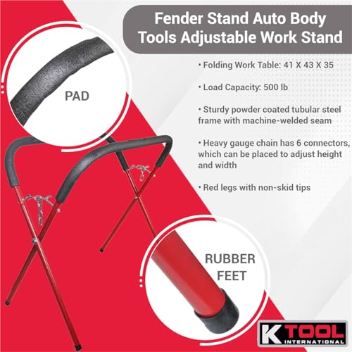 K Tool International 79750 Automotive Fender Stand for Garages, Repair Shops, and DIY, 41" x 43" x 35", 500 lbs. Capacity, Adjustable, Padded, Powder-Coated Tubular Steel, Rubber Feet, Red/Black