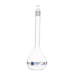 eisco volumetric flask, 200ml - class a, astm - tolerance ±0.100 ml - glass stopper - single, white graduation, blue printed specifications - borosilicate glass