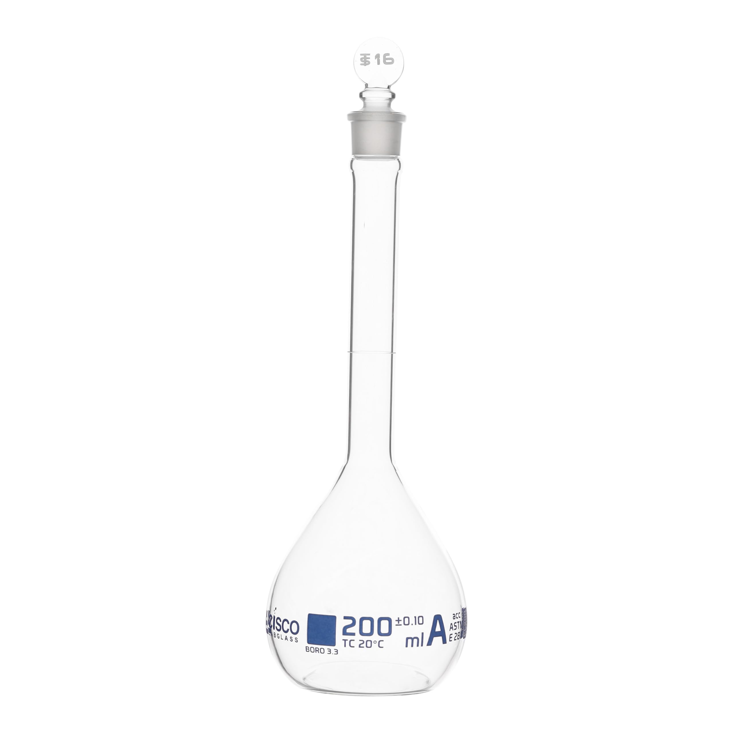 EISCO Volumetric Flask, 200ml - Class A, ASTM - Tolerance ±0.100 ml - Glass Stopper - Single, White Graduation, Blue Printed Specifications - Borosilicate Glass