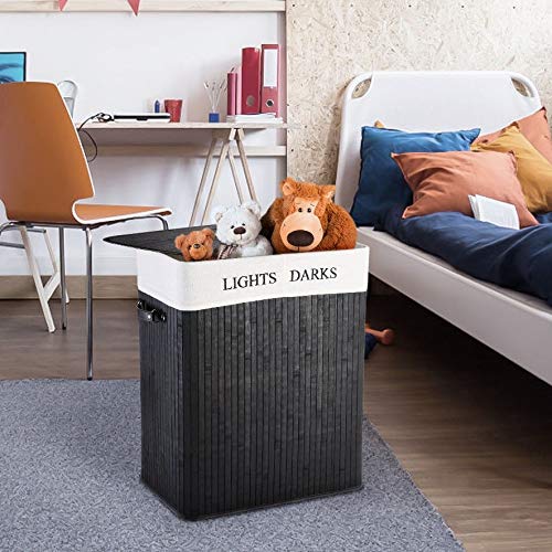 GOFLAME Bamboo Laundry Basket Folding, Dirty Laundry Hamper, Dirty Clothes Basket Bin with Lid and Removable Liner, Two Sections with Large Storage, Handle Grip, Ideal for Bedroom Bathroom (Black)