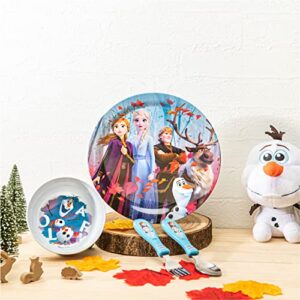 zak! Disney Frozen 2 - 5-Piece Dinnerware Set - Durable Plastic & Stainless Steel - Includes Water Bottle, 8-Inch Plate, 6-Inch Bowl, Fork & Spoon - Suitable for Kids Ages 3+