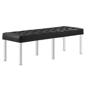 modway loft tufted button faux leather upholstered large accent bench in silver black