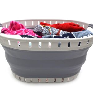 SAMMART 25L (6.6 gallon) Collapsible Plastic Laundry Basket - Foldable Pop Up Storage Container/Organizer - Portable Shopping Basket - Space Saving Hamper (Oval, Dark Grey)