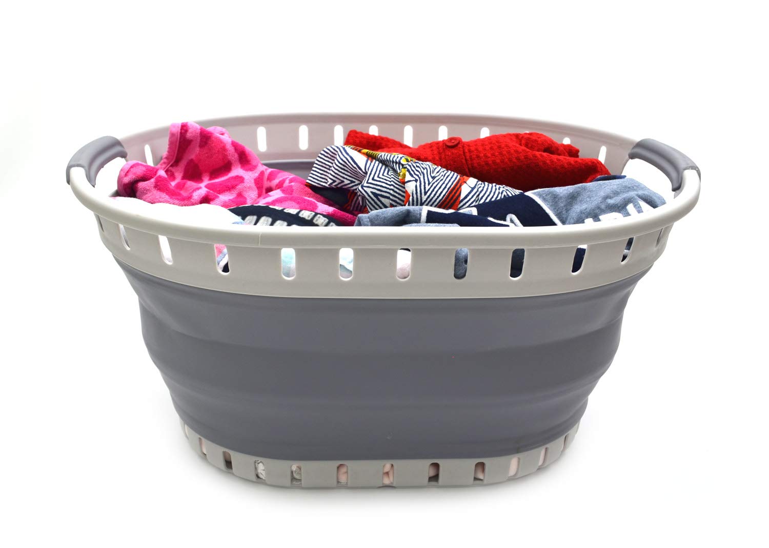 SAMMART 25L (6.6 gallon) Collapsible Plastic Laundry Basket - Foldable Pop Up Storage Container/Organizer - Portable Shopping Basket - Space Saving Hamper (Oval, Dark Grey)