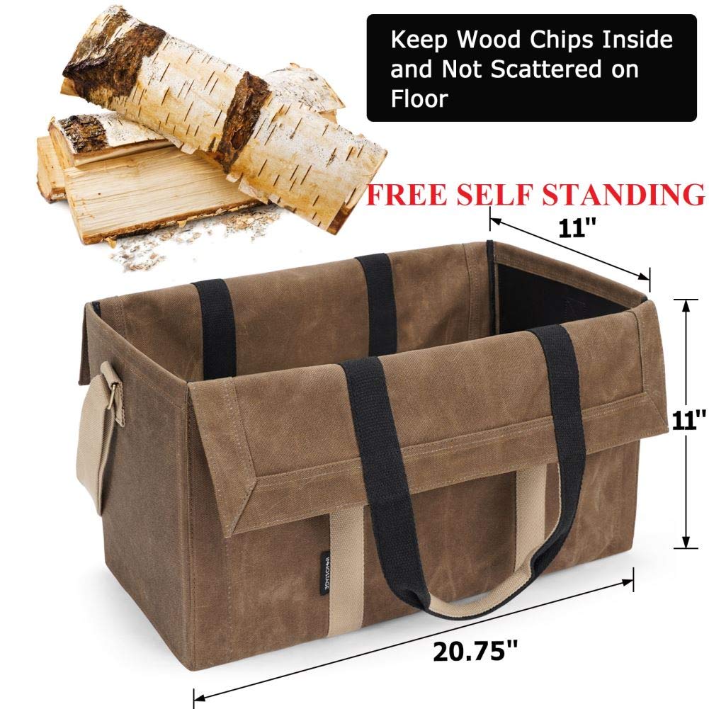 INNO STAGE Free-Standing Firewood Log Carrier Bag - 22 oz Thickened Waxed Canvas Fire Wood Holder Tote with Adjustable Shoulder Strap and Soft Handles for Camping or BBQ Barbecue