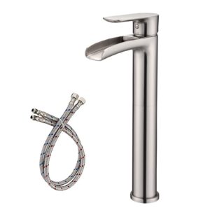 newater waterfall spout tall vessel bathroom sink faucet，basin mixer tap single handle one hole brushed nickel