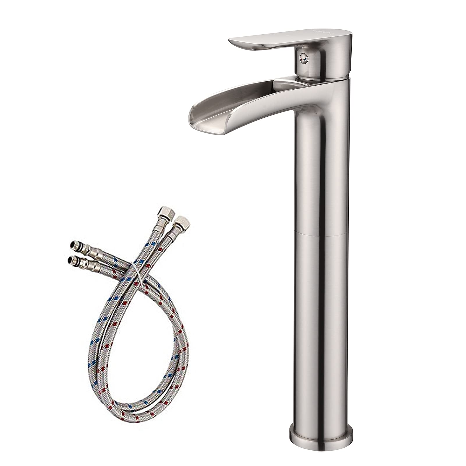 NEWATER Waterfall Spout Tall Vessel Bathroom Sink Faucet，Basin Mixer Tap Single Handle One Hole Brushed Nickel