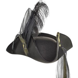 tricorn premier black feather pirate hat, adult, one size