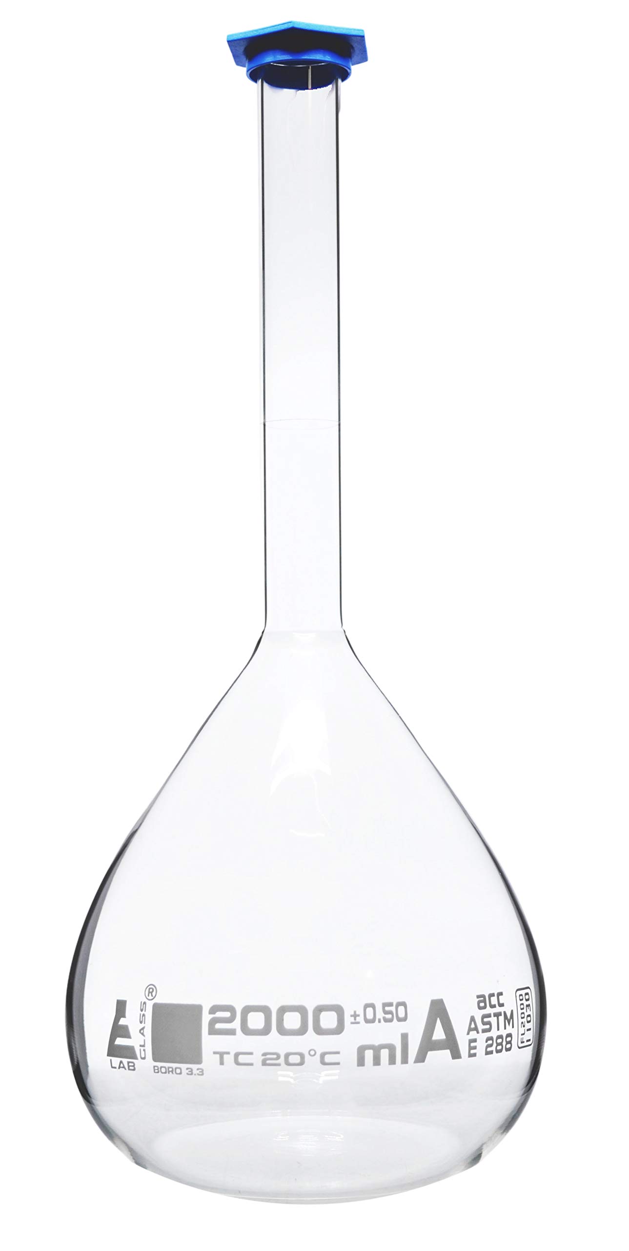 EISCO Volumetric Flask, 2000ml - ASTM, Class A - Snap Cap - Borosilicate 3.3 Glass