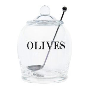 Creative Co-Op Clear Glass "OLIVE" Jar with Lid & Slotted Stainless Steel Spoon (Set of 3 Pieces including Lid)