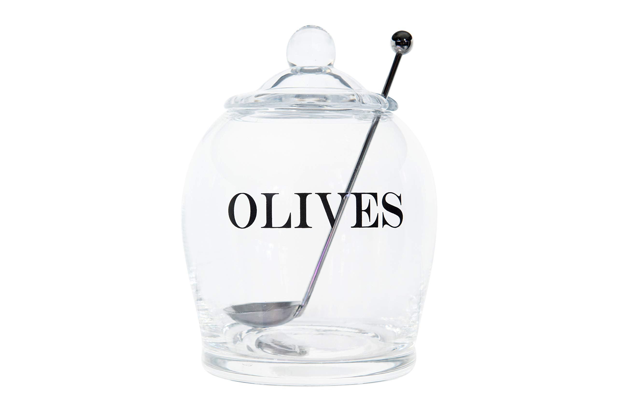 Creative Co-Op Clear Glass "OLIVE" Jar with Lid & Slotted Stainless Steel Spoon (Set of 3 Pieces including Lid)