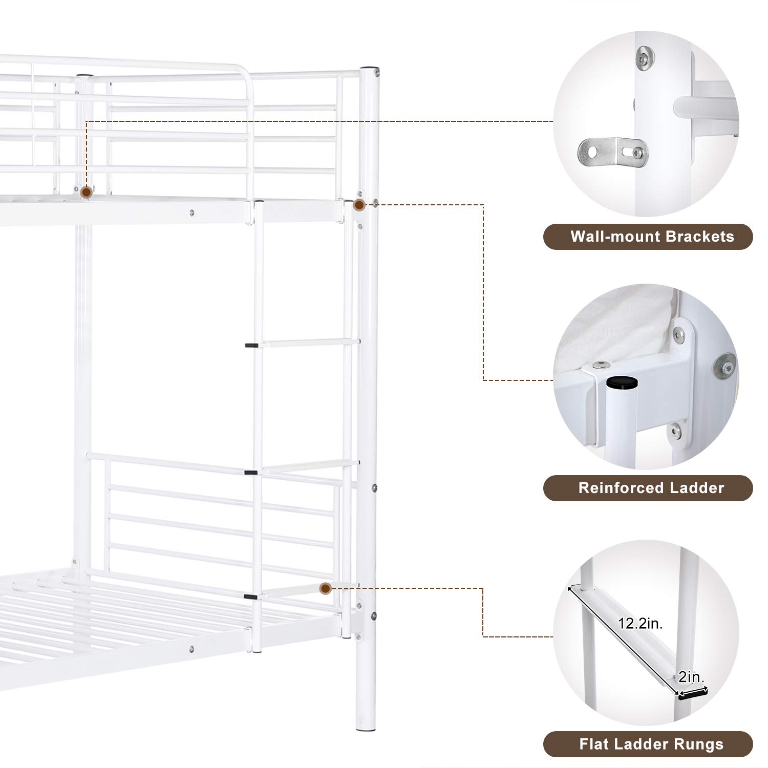 Bonnlo Bunk Bed Twin Over Twin, Metal Bunk Beds White for Girls/Boys/Adults, Anti-Slip Flat Step, No Box Spring Needed