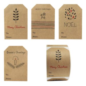 boho simple christmas gift tag adhesive stickers – 2 x 3 inch labels, roll of 100 with minimalist designs – merry christmas, noel, and candle, made in the usa