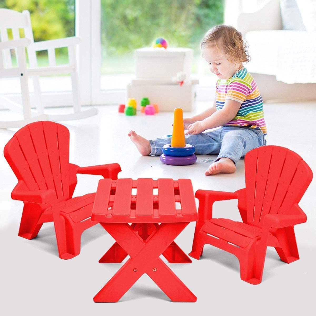 Costzon Kids Table and Chair Set, Outdoor Toddler Activity Table and Adirondack Chairs for Picnic, Garden, Patio, Backyard & Beach, Kids Outdoor Table and Chair Set (Red)