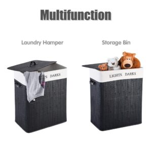 GOFLAME Bamboo Laundry Basket Folding, Dirty Laundry Hamper, Dirty Clothes Basket Bin with Lid and Removable Liner, Two Sections with Large Storage, Handle Grip, Ideal for Bedroom Bathroom (Black)