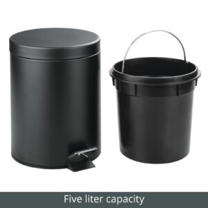 mDesign Pedal Bin — Metal Waste Bin with Pedal, Lid and Plastic Bucket Insert — Perfect for Bathroom, Kitchen, and Office — 5 Litre Household Rubbish Bin with Ergonomic Design — Black