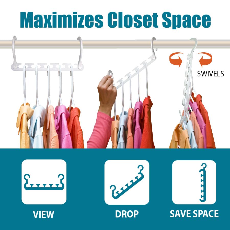 Wonder Hanger Max 10-Pack Space Saving Hangers, Reinforced Hooks Swivels 360°, Cascading Hanger, College Dorms & Storage Closet Organizer, Fully Assembled – White