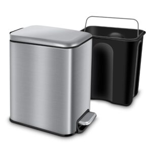 magdisc small trash can for bathroom,office,bedroom, rectangular small trash can with soft close lid,step on brushed stainless steel trash can, 5 liter/1.3 gallon