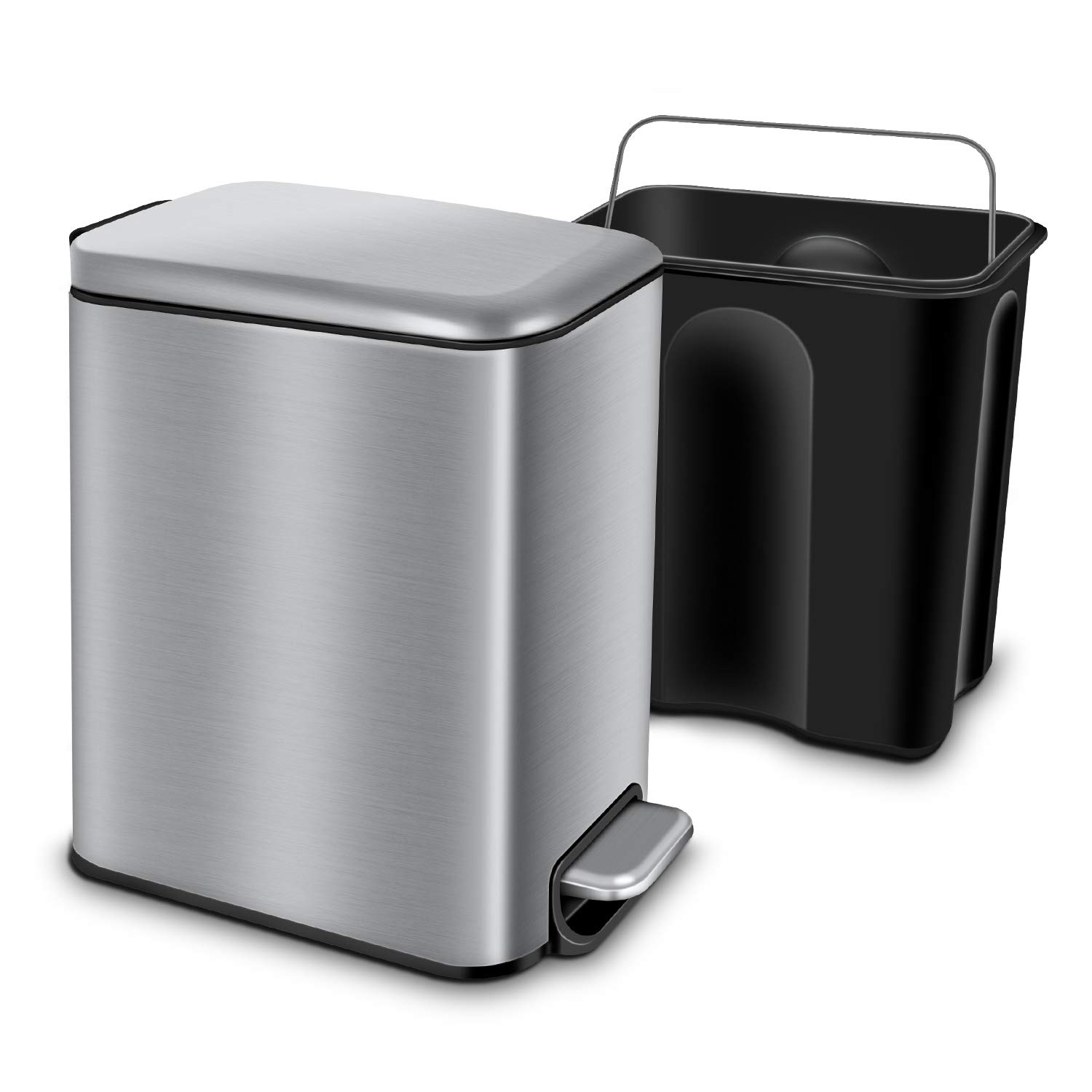 Magdisc Small Trash Can for Bathroom,Office,Bedroom, Rectangular Small Trash Can with Soft Close Lid,Step on Brushed Stainless Steel Trash Can, 5 Liter/1.3 Gallon