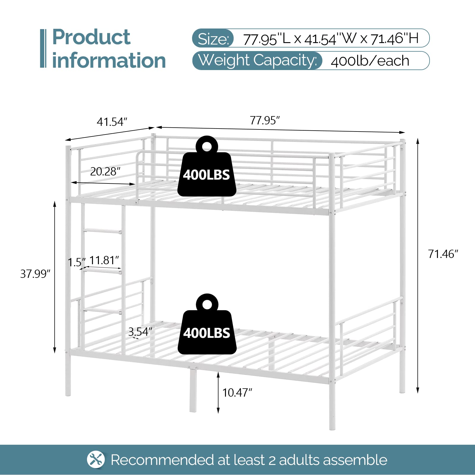 Bonnlo Bunk Bed Twin Over Twin, Metal Bunk Beds White for Girls/Boys/Adults, Anti-Slip Flat Step, No Box Spring Needed