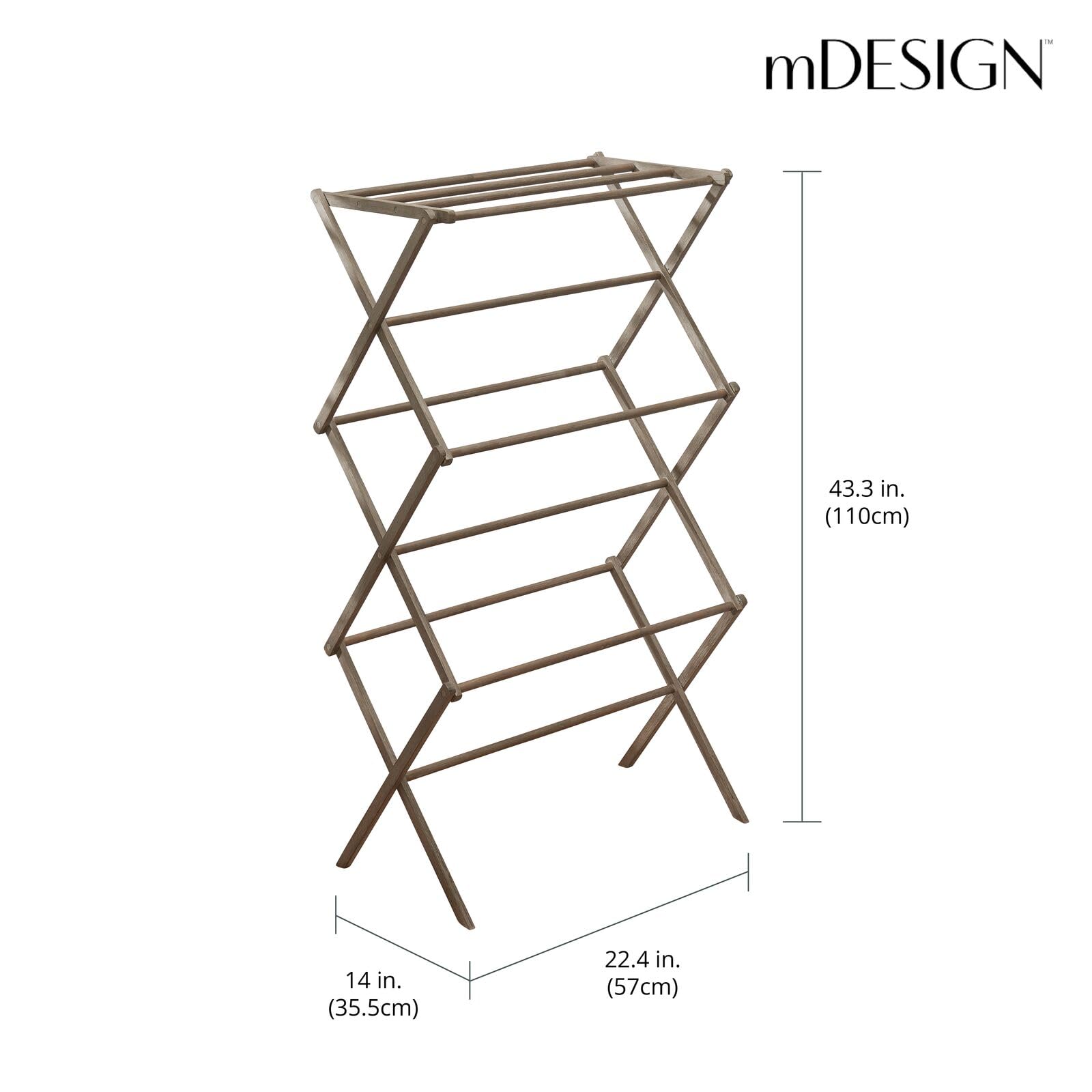 mDesign Bamboo Clothes Drying Rack - Collapsible, Foldable Wooden Laundry Drying Rack - Compact and Portable Indoor or Outdoor Air Dry Rack for Clothes and Delicates - Echo Collection - Gray