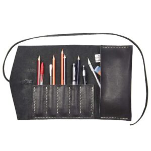 alta andina leather pen & pencil case | vegetable tanned leather roll up | 5 slots & pouch for pens, brushes | art, stationary, & makeup organizer (black – noche)