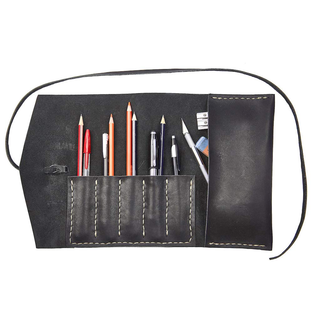 Alta Andina Leather Pen & Pencil Case | Vegetable Tanned Leather Roll Up | 5 Slots & Pouch for Pens, Brushes | Art, Stationary, & Makeup Organizer (Black – Noche)