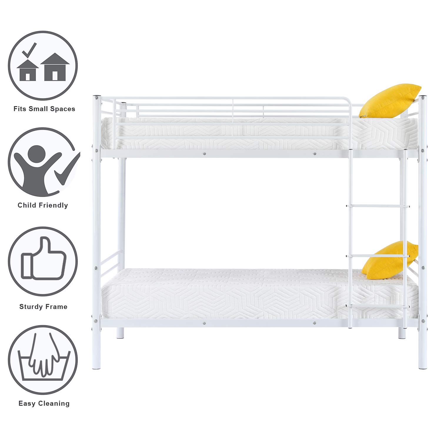 Bonnlo Bunk Bed Twin Over Twin, Metal Bunk Beds White for Girls/Boys/Adults, Anti-Slip Flat Step, No Box Spring Needed