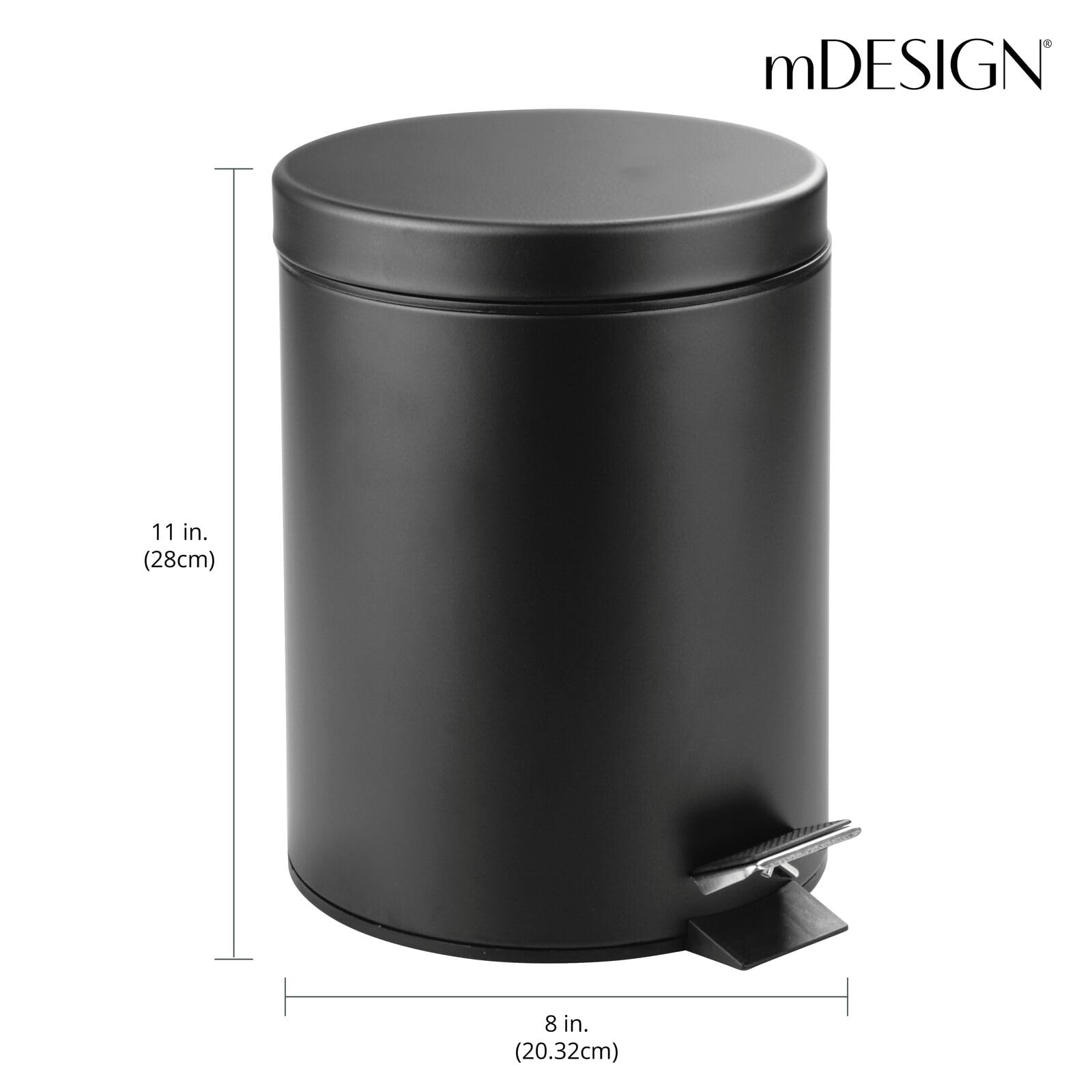 mDesign Pedal Bin — Metal Waste Bin with Pedal, Lid and Plastic Bucket Insert — Perfect for Bathroom, Kitchen, and Office — 5 Litre Household Rubbish Bin with Ergonomic Design — Black