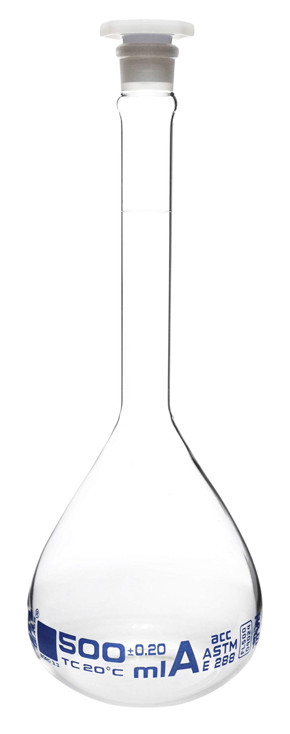 EISCO Volumetric Flask, 500ml - ASTM, Class A - Tolerance ±0.20ml - Interchangeable, Size 19 Polypropylene Stopper - Single, White Graduation - Borosilicate Glass