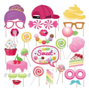 kristin paradise 25pcs candy land photo booth props with stick, candyland selfie props, candy shop party supplies, lollipop birthday theme backdrop decorations, boy girl first 1st bday baby shower