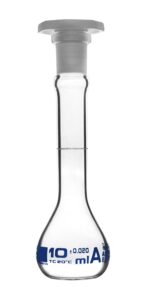 eisco volumetric flask, 10ml - class a, astm - tolerance ±0.02ml - polypropylene stopper - single, white graduation - borosilicate glass