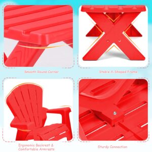 Costzon Kids Table and Chair Set, Outdoor Toddler Activity Table and Adirondack Chairs for Picnic, Garden, Patio, Backyard & Beach, Kids Outdoor Table and Chair Set (Red)