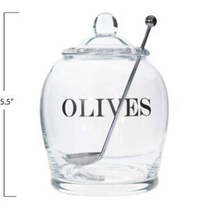 Creative Co-Op Clear Glass "OLIVE" Jar with Lid & Slotted Stainless Steel Spoon (Set of 3 Pieces including Lid)