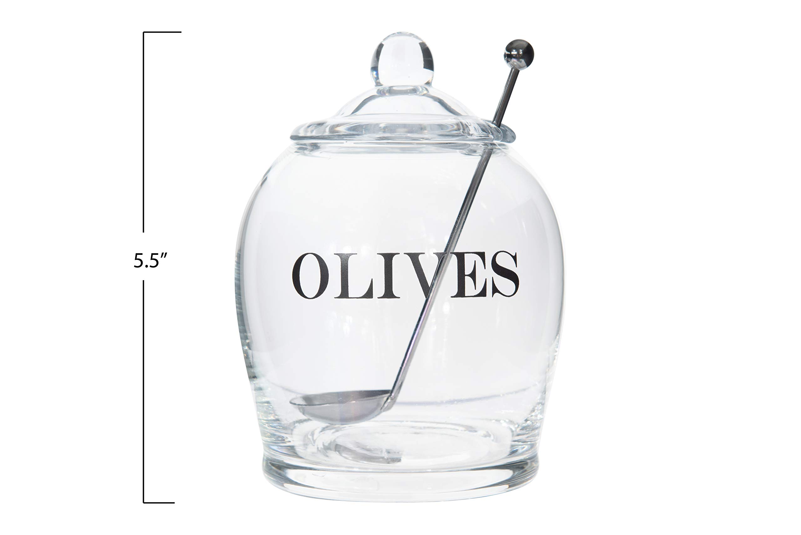 Creative Co-Op Clear Glass "OLIVE" Jar with Lid & Slotted Stainless Steel Spoon (Set of 3 Pieces including Lid)