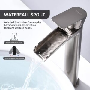 NEWATER Waterfall Spout Tall Vessel Bathroom Sink Faucet，Basin Mixer Tap Single Handle One Hole Brushed Nickel