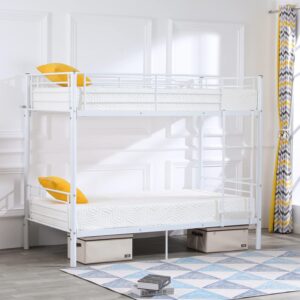 bonnlo bunk bed twin over twin, metal bunk beds white for girls/boys/adults, anti-slip flat step, no box spring needed